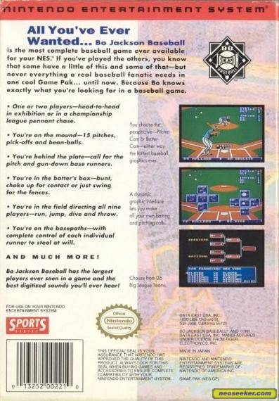 Bo Jackson Baseball NES Back cover