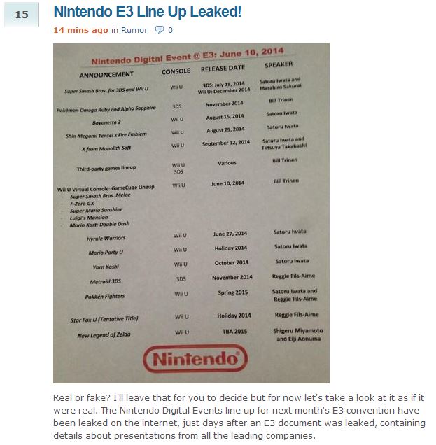 Nintendo E3 Digital Event Line-up Leaked - Gaming Lounge Forum ...
